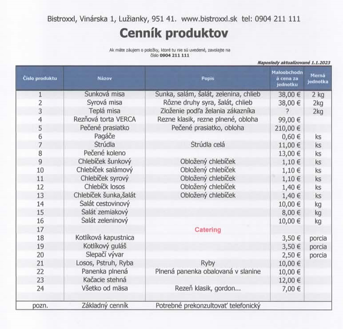 Cenník :: Bistroxxl